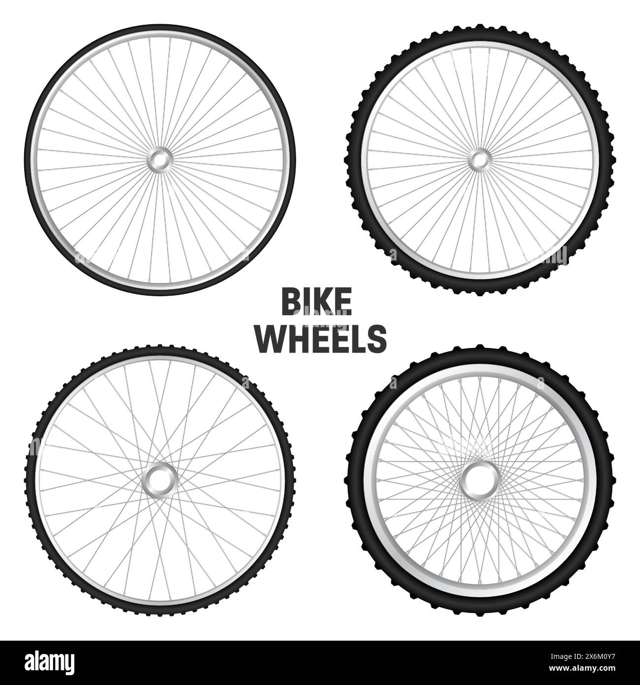 Realistic 3d bicycle wheels. Bike rubber tyres, shiny metal spokes and ...