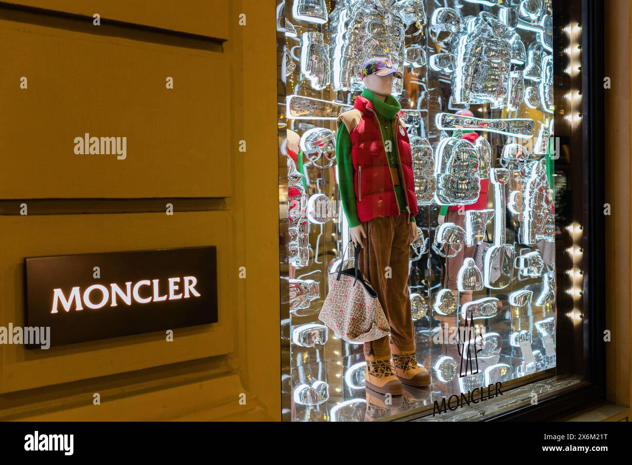 Milan, Italy - 31.08.2022: window display of Moncler store in Milan ...
