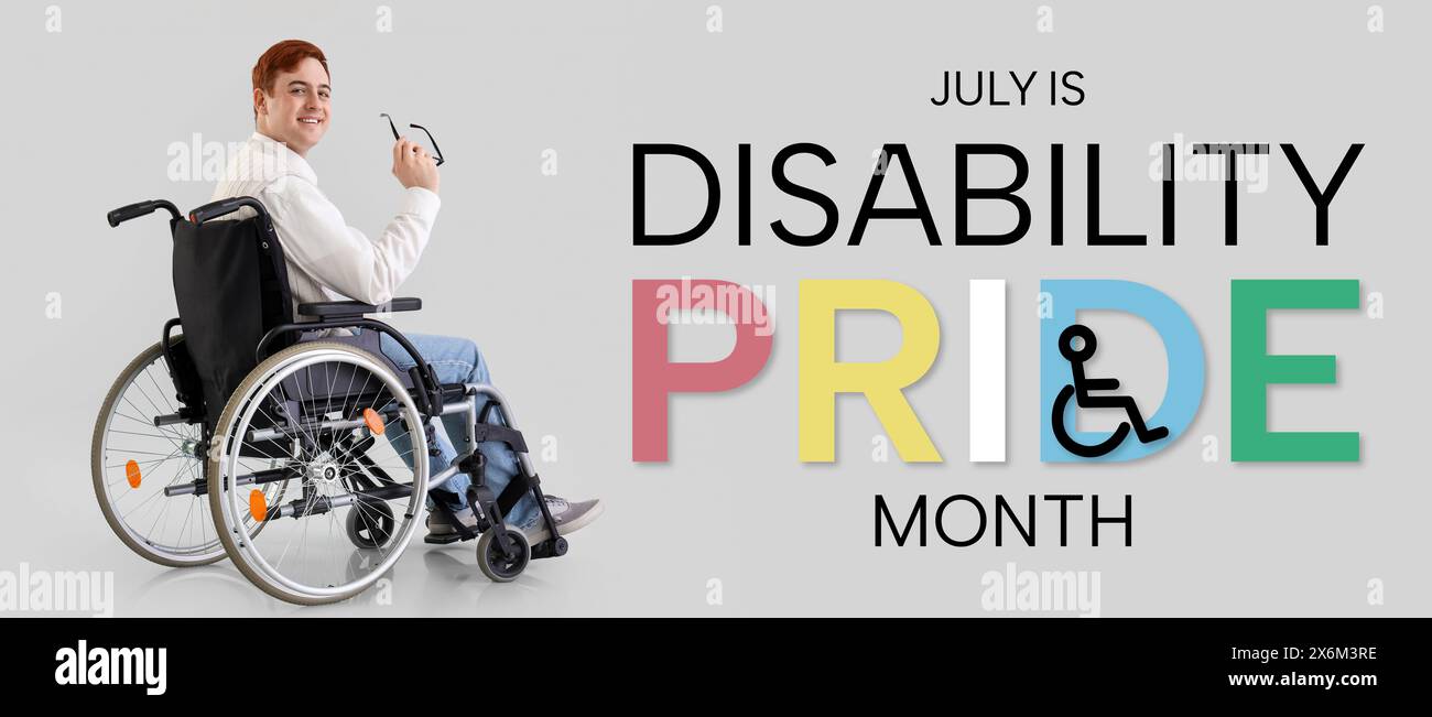 Young man in wheelchair on light background. Banner for Disability ...