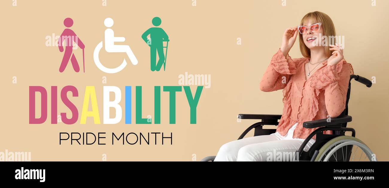 Young woman in wheelchair on beige background. Banner for Disability ...