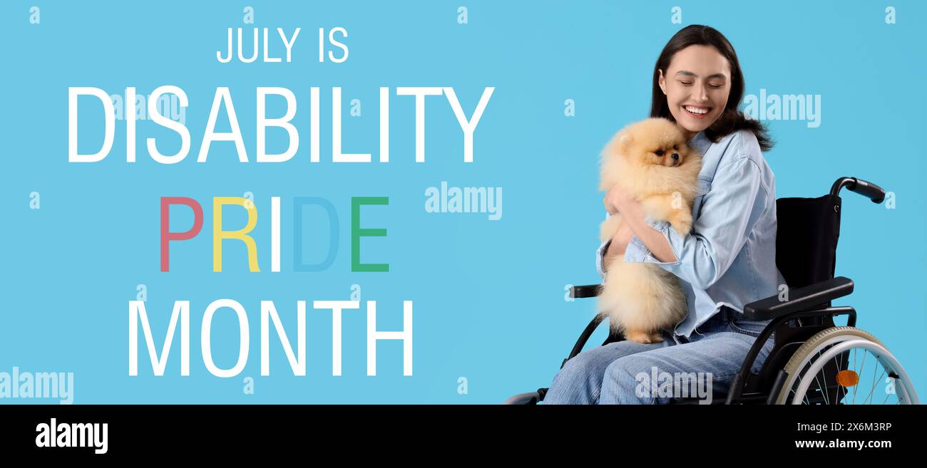 Happy young woman in wheelchair and cute dog on blue background. Banner ...
