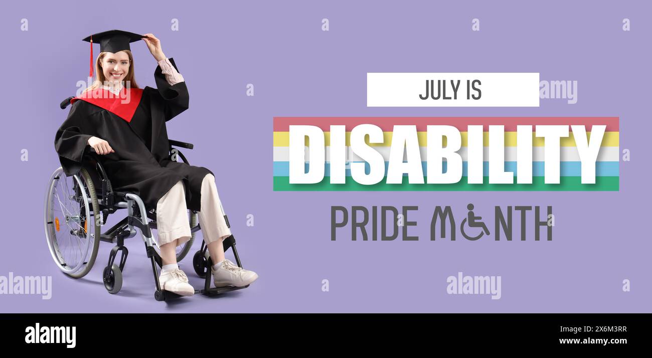 Female graduating student in wheelchair on lilac background. Banner for ...