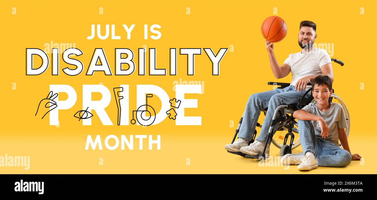 Little boy and his father in wheelchair with ball on yellow background ...