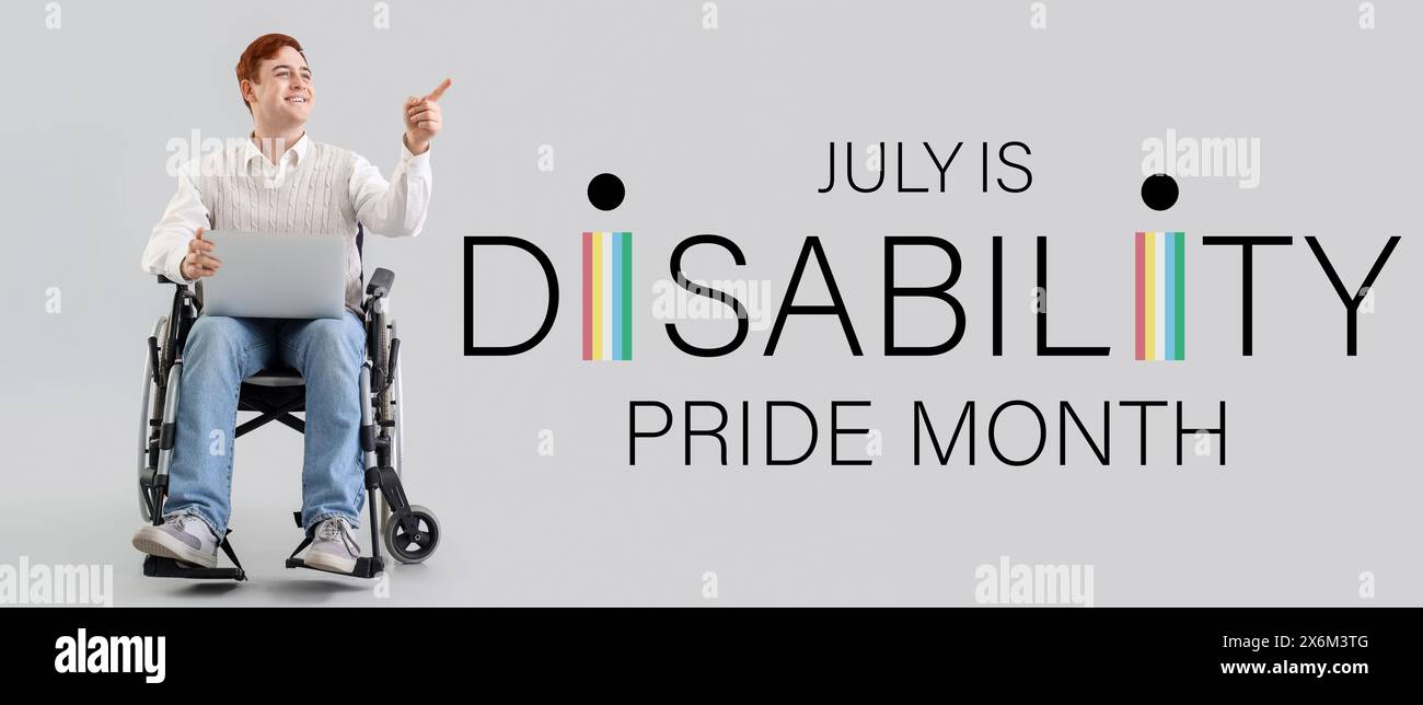 Young man with laptop in wheelchair on light background. Banner for ...