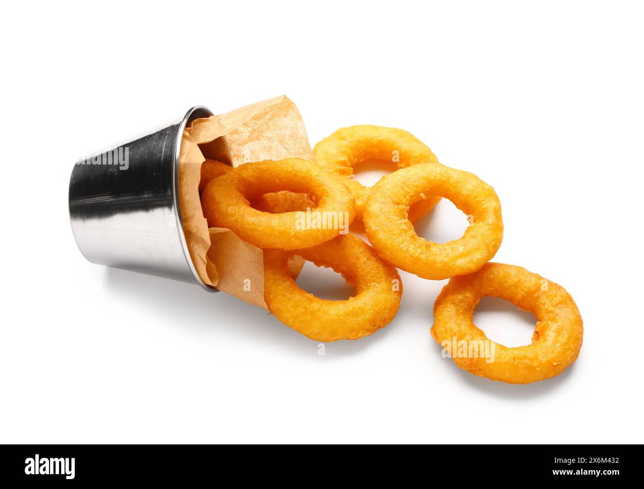 Metal bucket with fried breaded onion rings on white background Stock ...