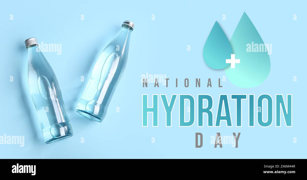 Bottles of clean water on light blue background. Banner for National ...