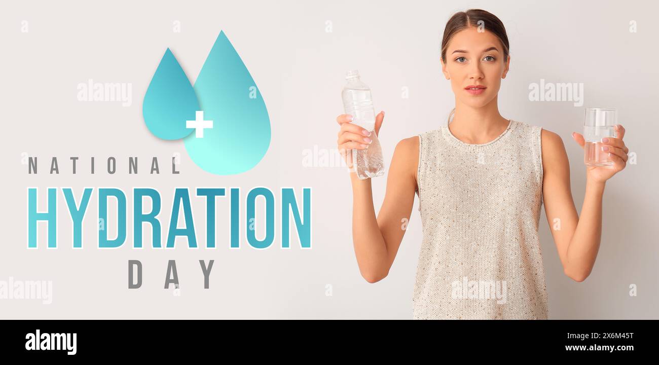 Woman with bottle and glass of water on light background. Banner for ...