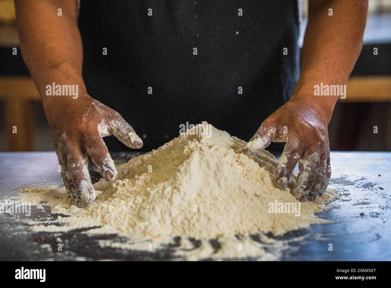 Baker's hands ready to knead a mound of flour, isolated on black background. prepares bread in ...