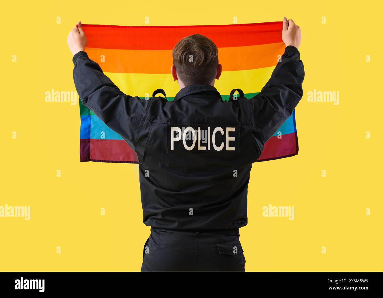 Male police officer with LGBT flag on yellow background, back view ...