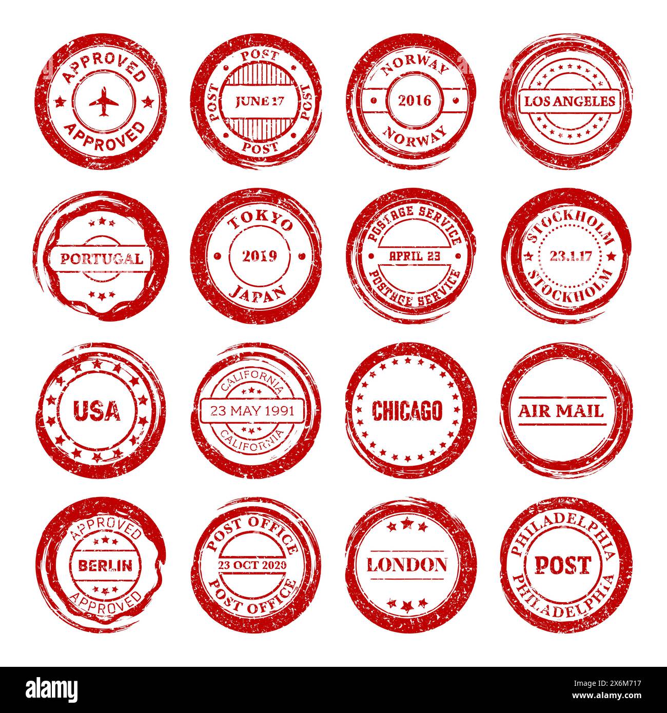 Post stamps, labels and badges. Grunge imprints and postmarks. Red ...