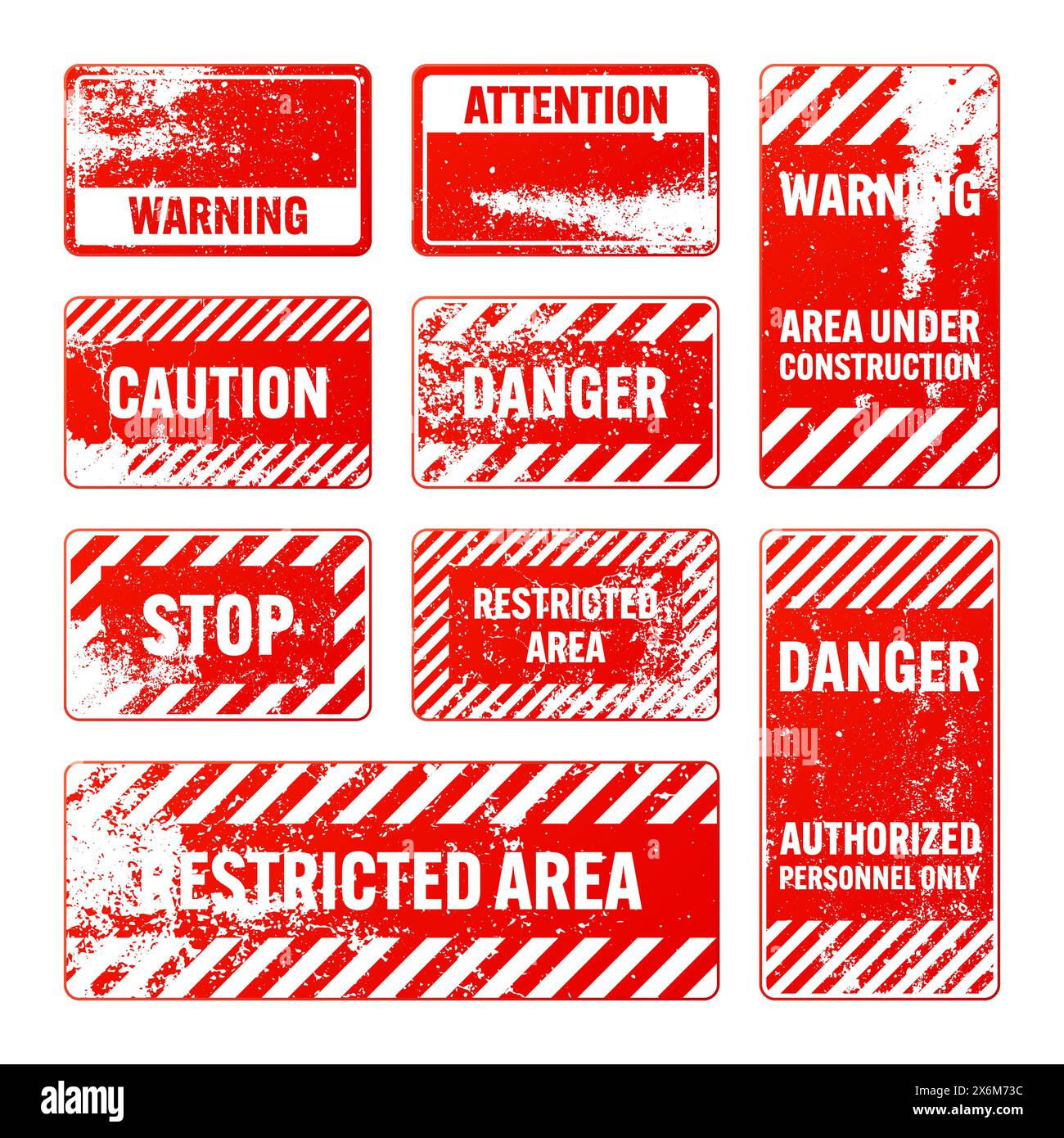 Red grunge warning signs with diagonal lines. Old attention, danger or ...