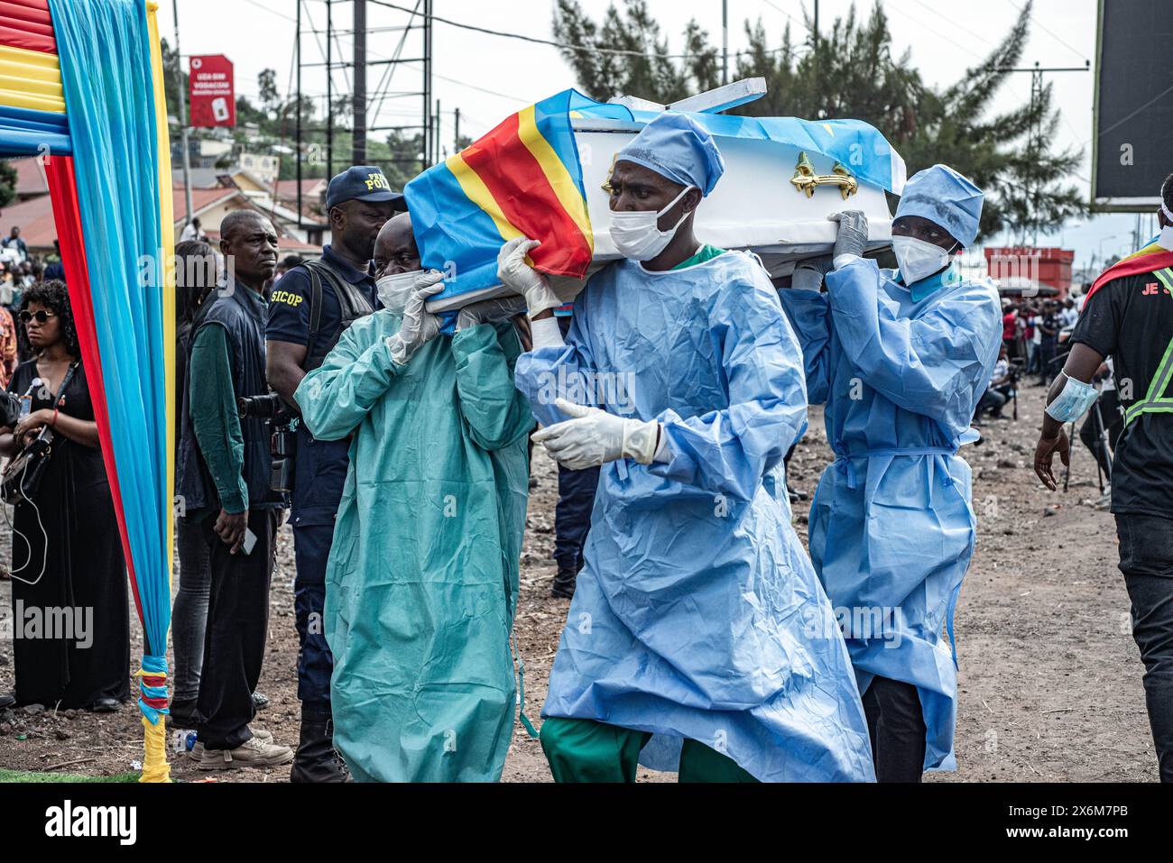 Goma, Dr Congo. 15th May, 2024. People carry a coffin at a funeral in ...