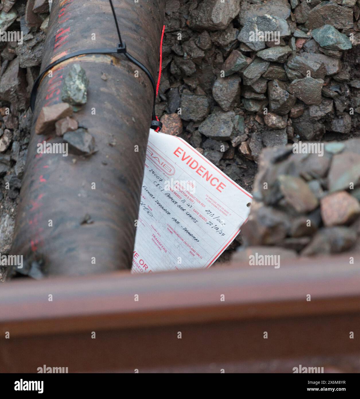 Rail Accident investigation branch tag on water pipe damaged by a ...