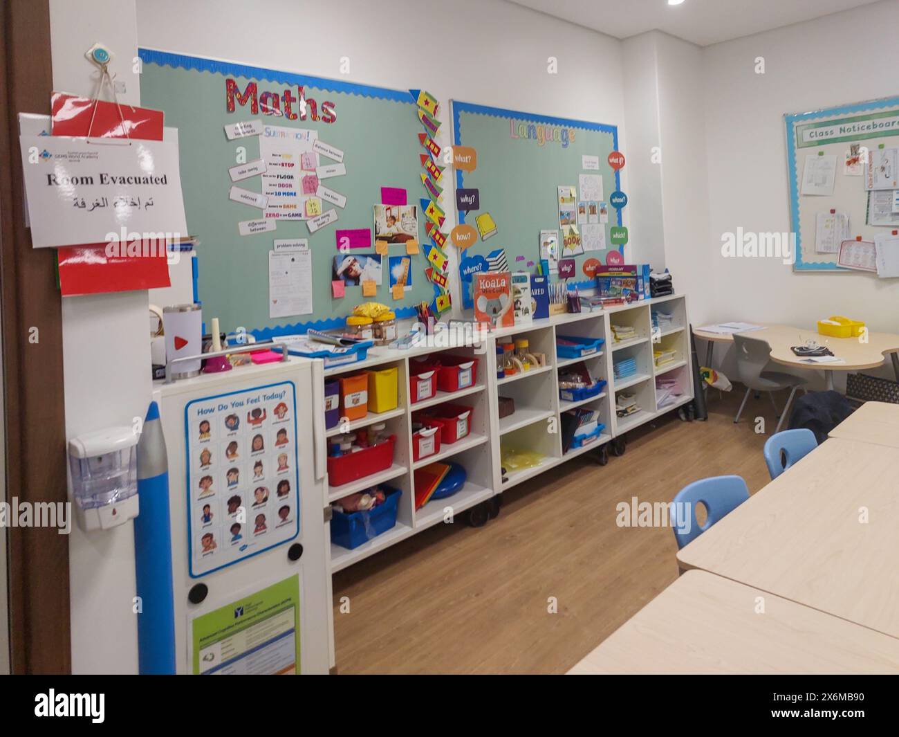 Empty classroom with chairs and tables in campus. Daycare center ...