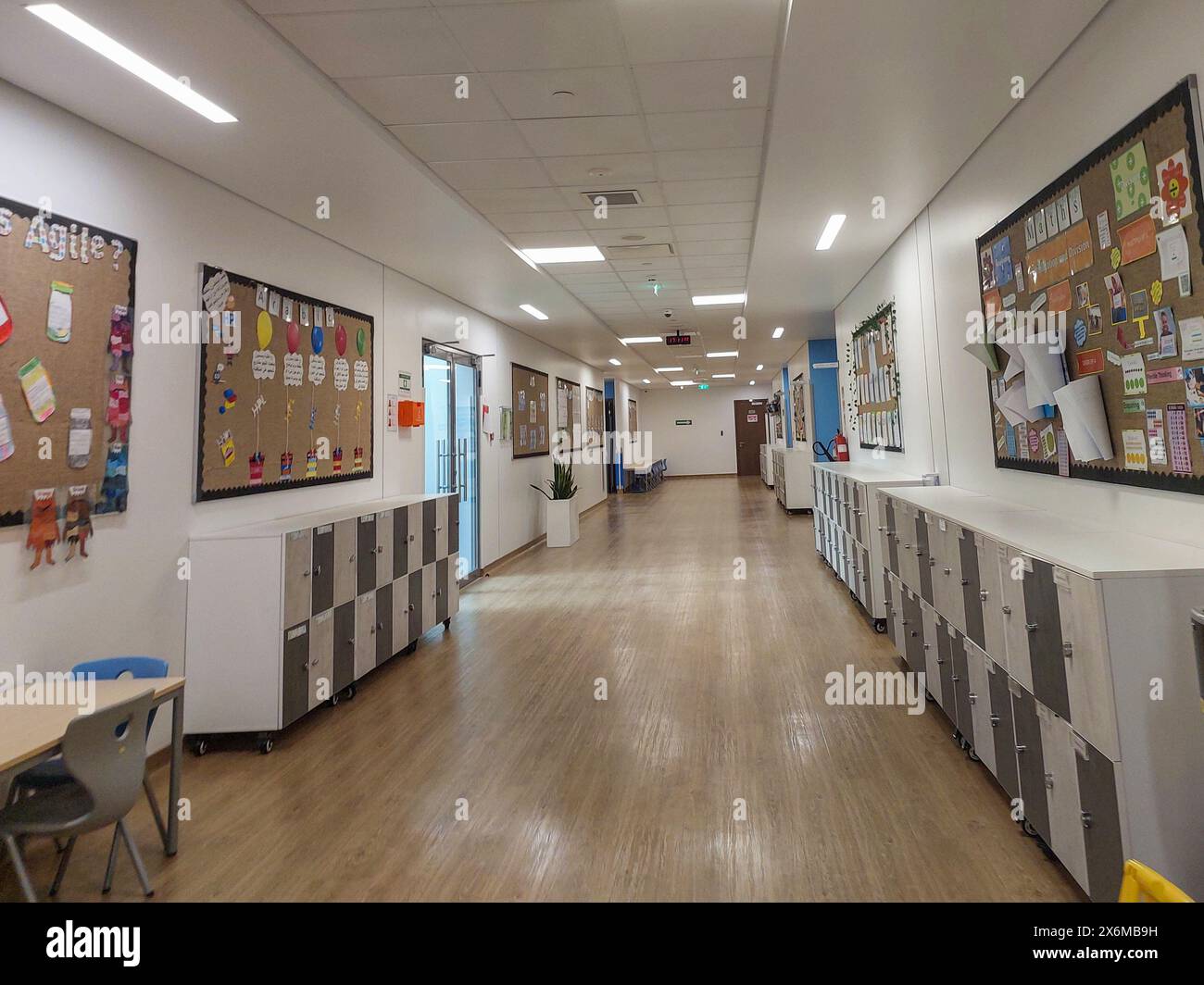 Empty classroom with chairs and tables in campus. Daycare center ...