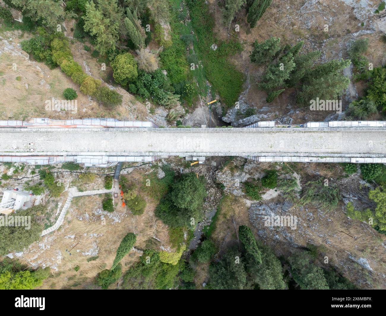 Aerial view of the two level roman bridge, aqueduct Madonna della ...