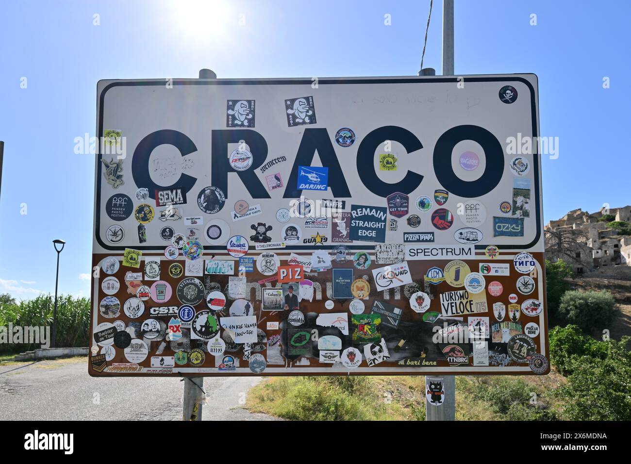 Craco, Italy - Aug 6, 2023: Sign at the entrance of the abandoned ...