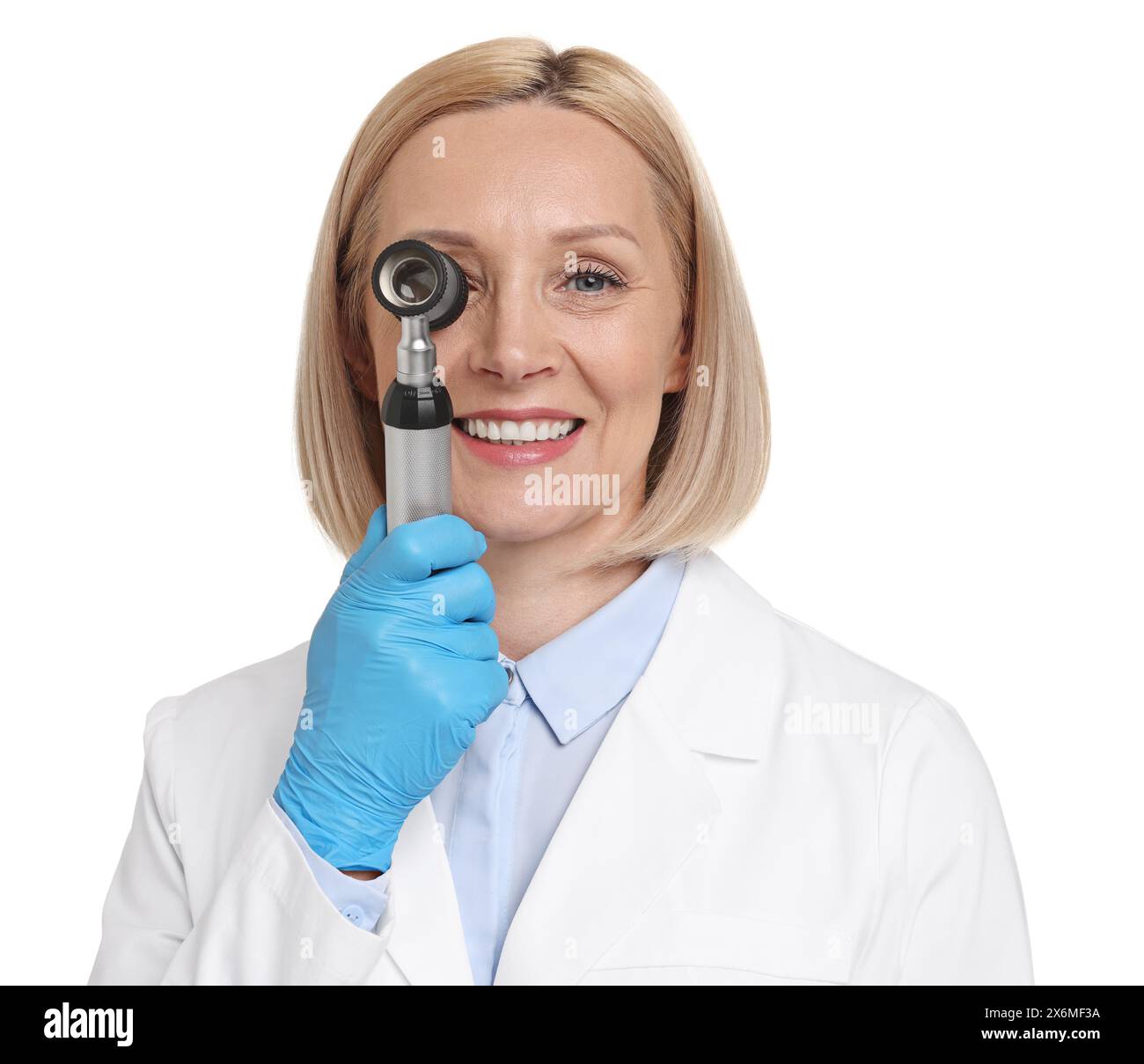 Happy dermatologist using dermatoscope on white background Stock Photo ...