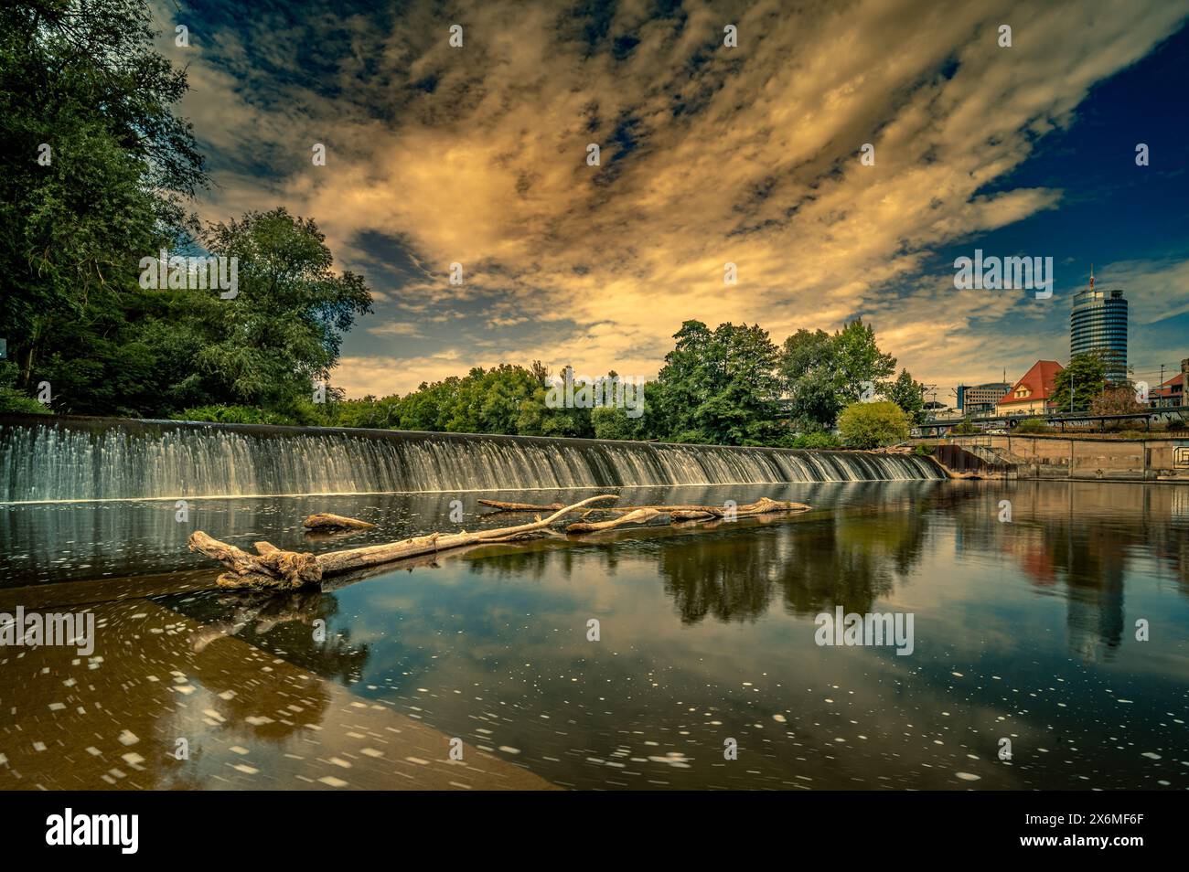The Saalewehr in the Paradies Park of Jena with the Jentower in the ...