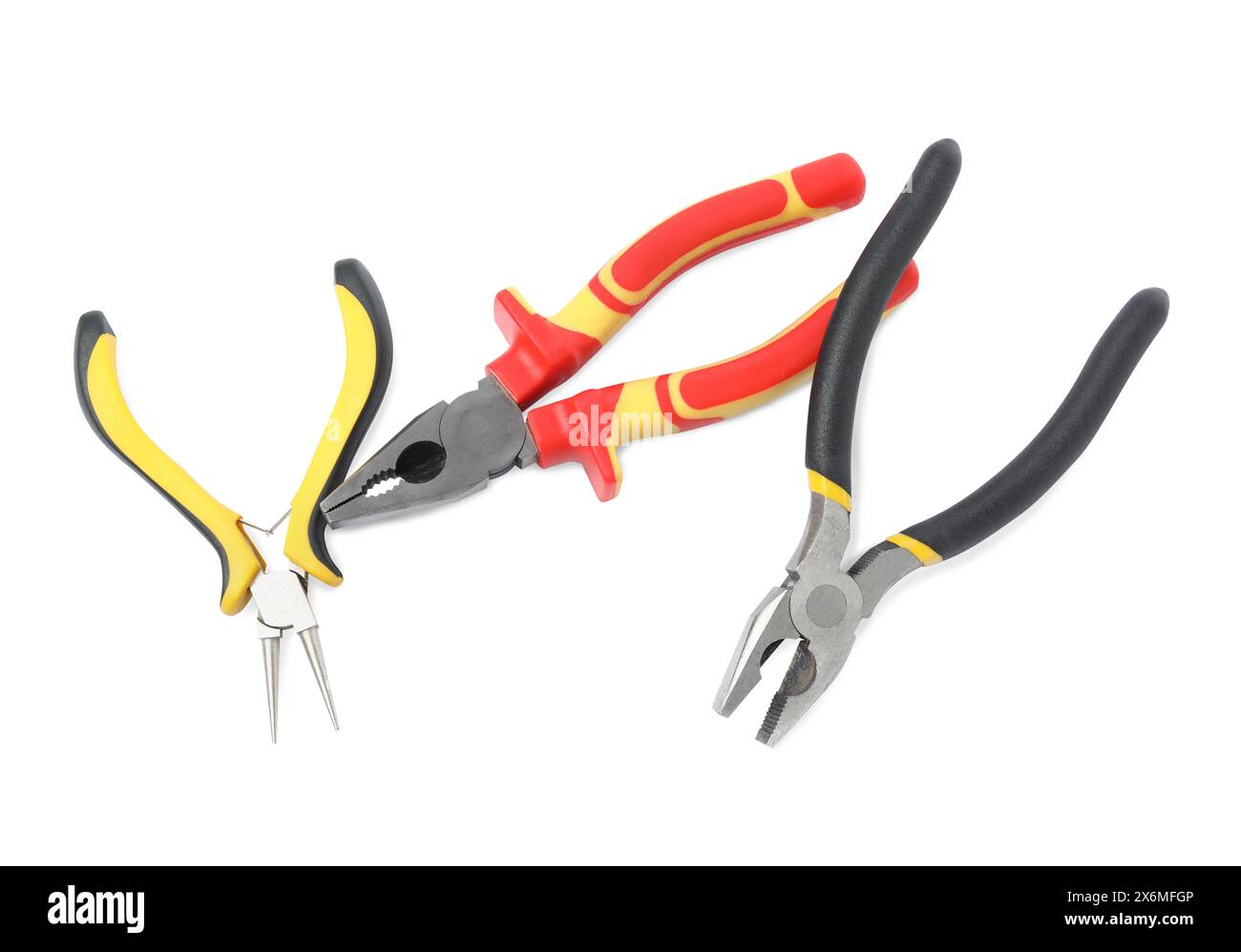 Group of different pliers isolated on white, top view Stock Photo - Alamy