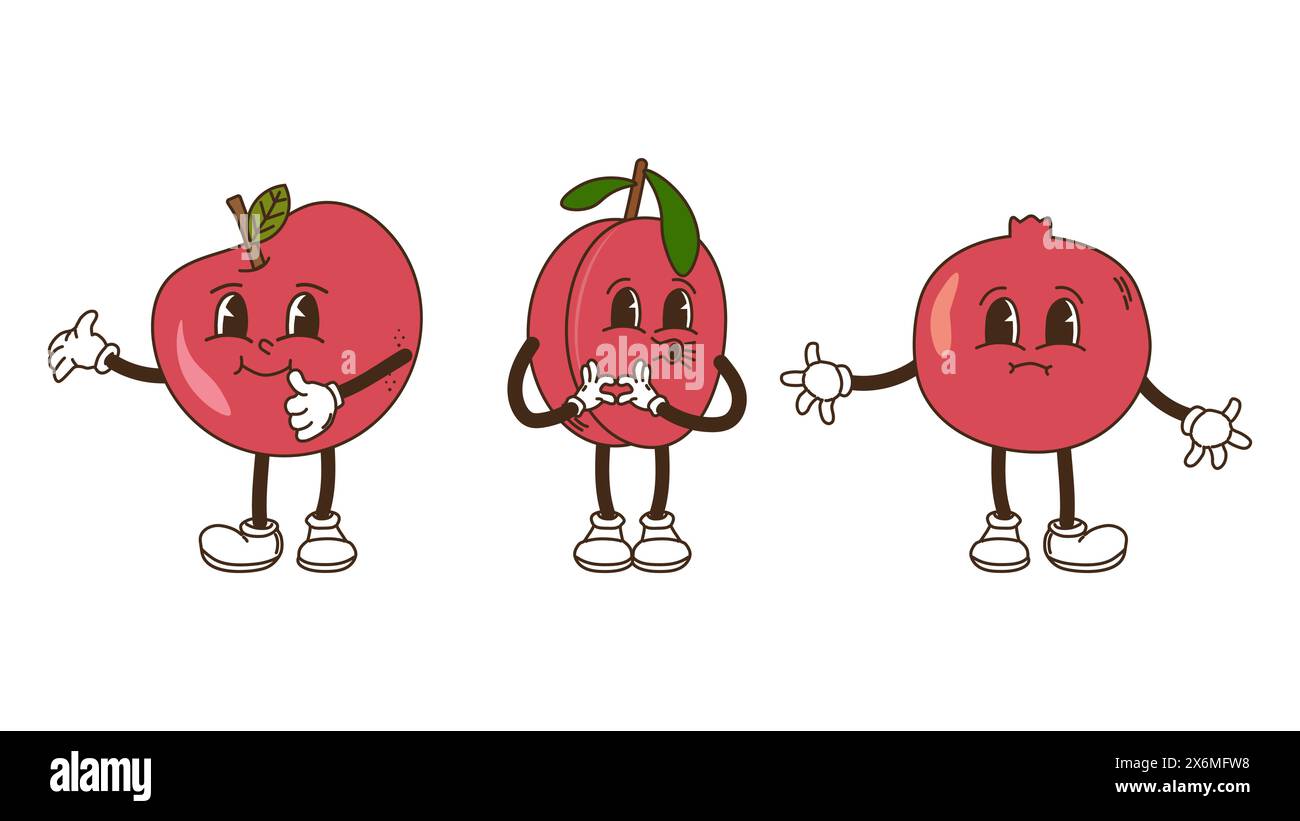 Fruits and berries in groovy style set. Apple plum and pomegranate ...