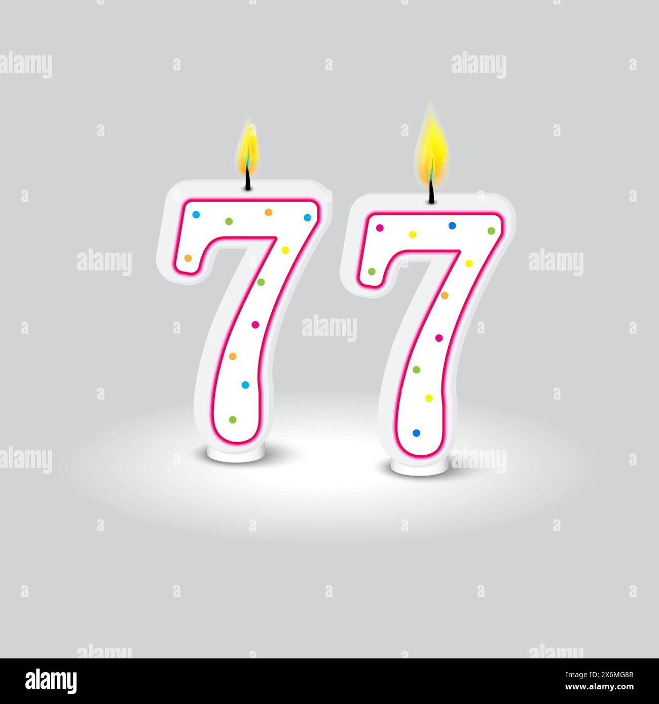Birthday candle numbers. Seventy seven celebration. Bright polka dots ...