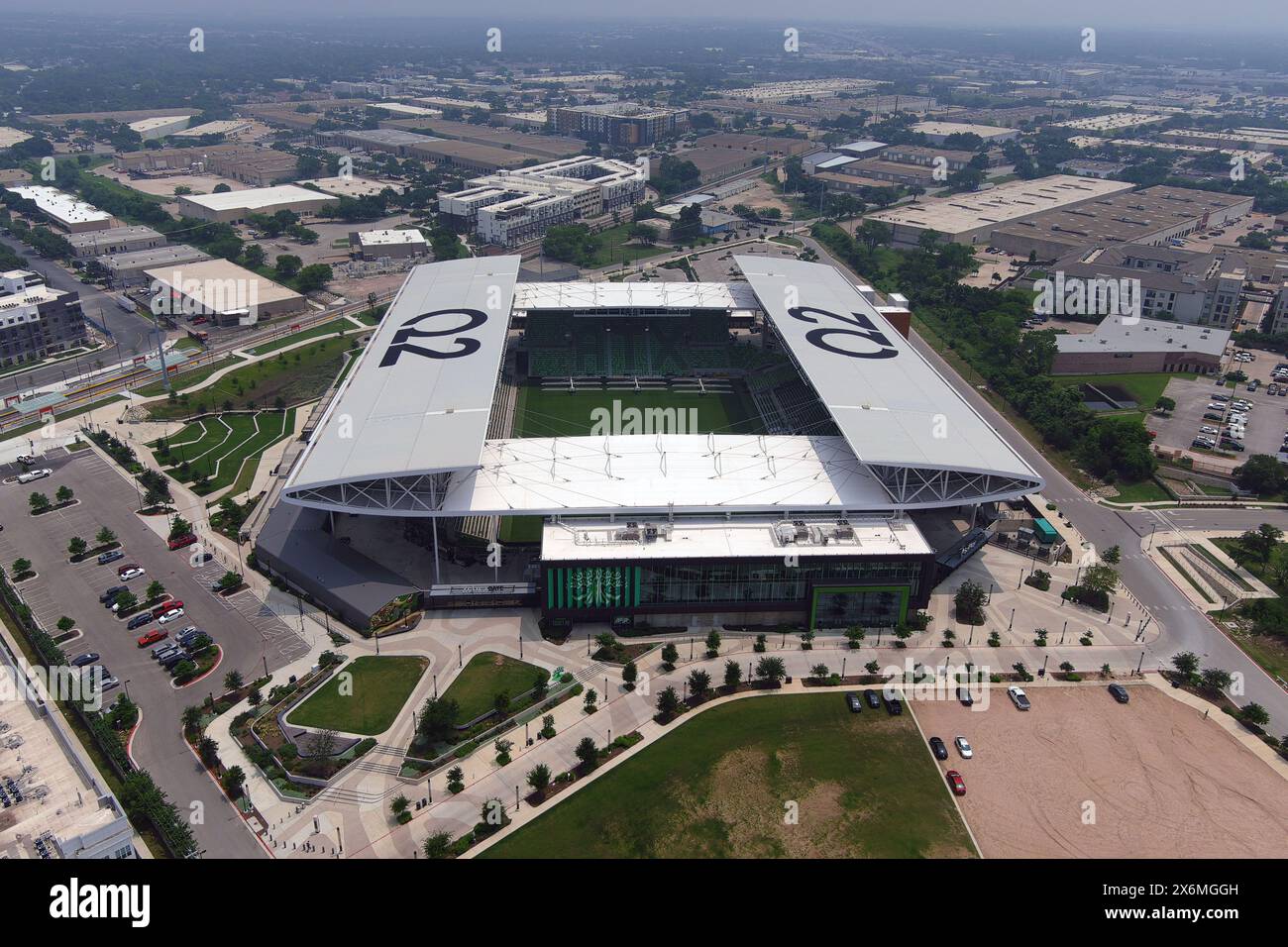 A general overall aerial view of Q2 Stadium, Wednesday, May 8, 2024, in ...