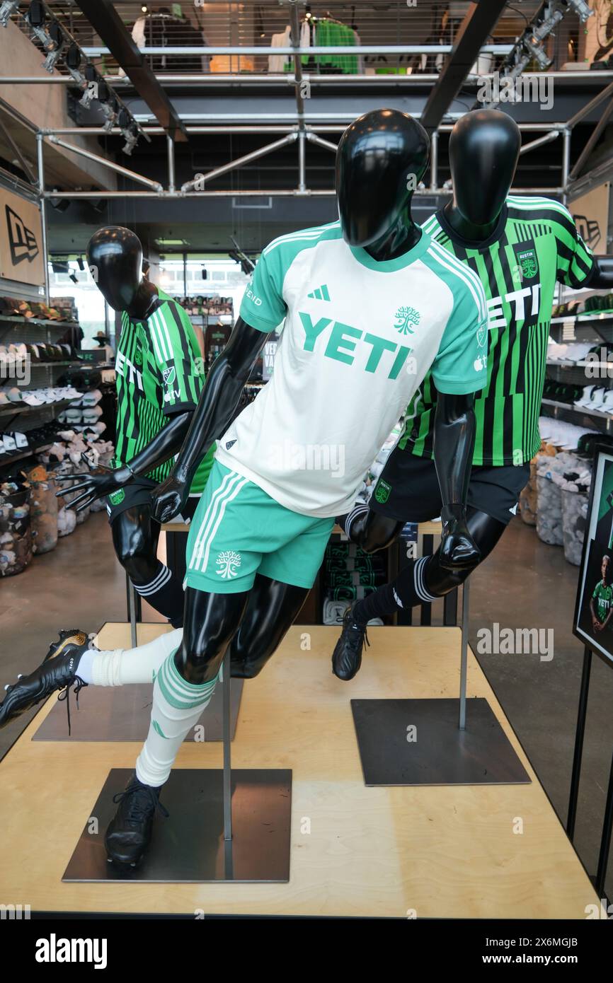 A display featuring an Austin FC uniform kit at the Verde store at Q2 ...