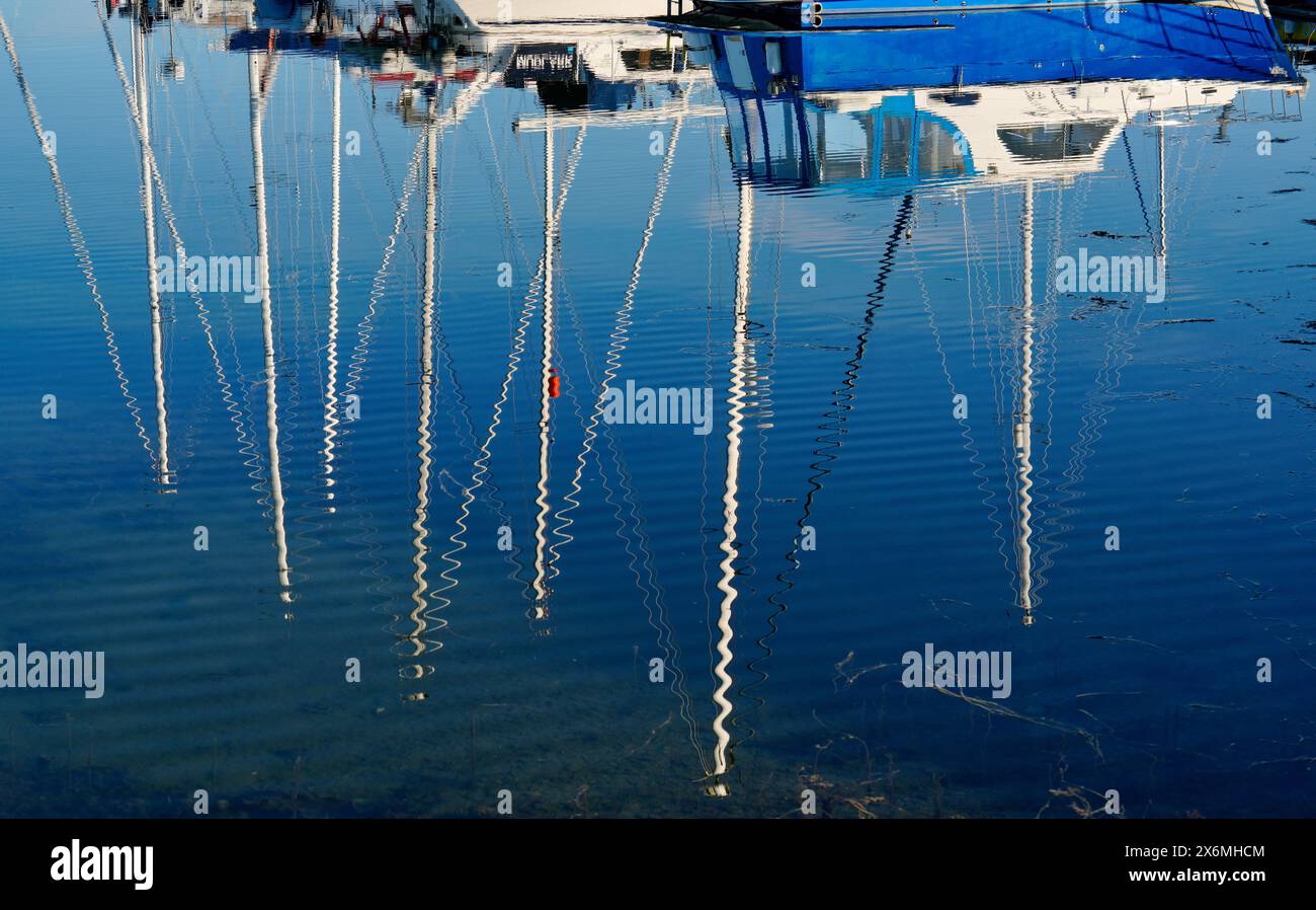 Great Britain, Scotland, Islay Island, harbour reflection in Port Ellen ...