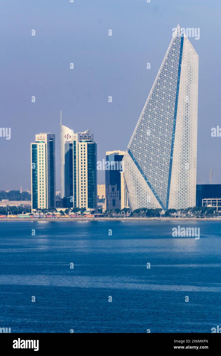 Harbor views, the Corniche with skyscrapers and ships in Doha, capital ...