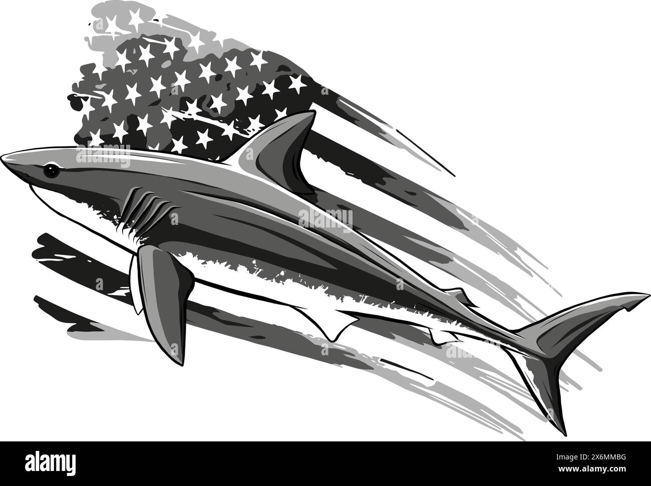 vector illustration of monochrome shark with american flag Stock Vector ...