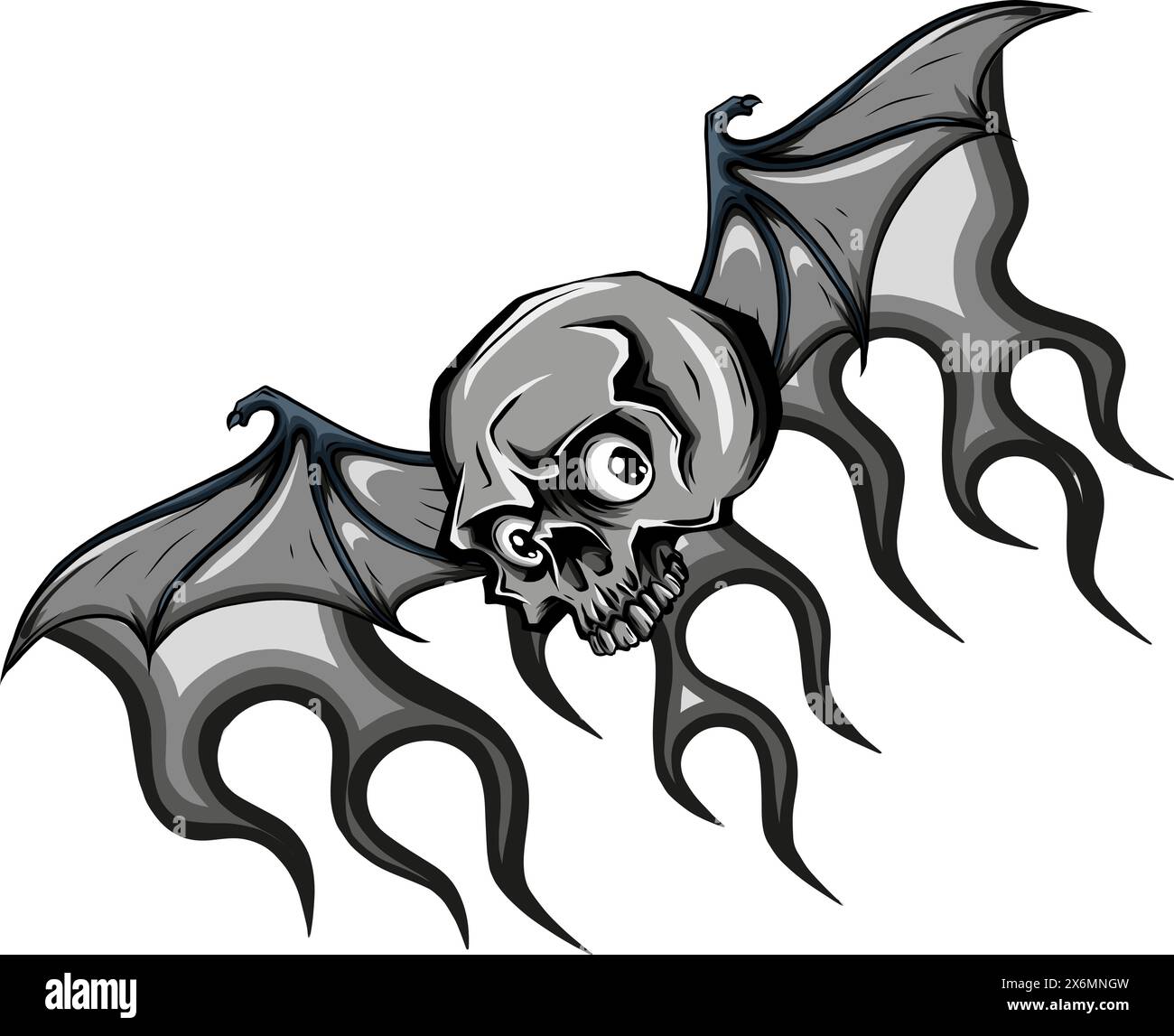 illustration of monochrome skull with bat wing on flames Stock Vector ...