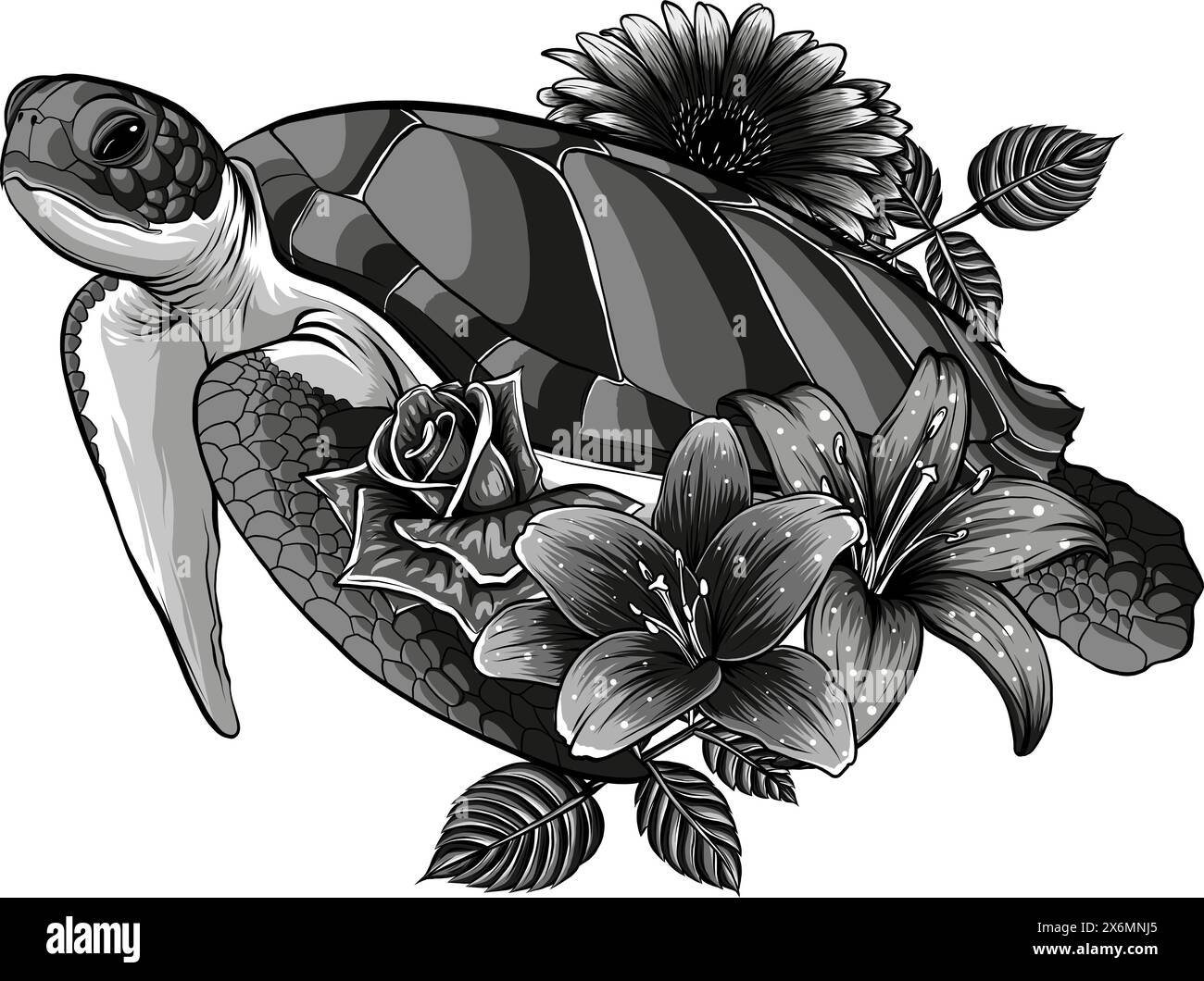 vector illustration of monochrome sea turtle with flower on white ...
