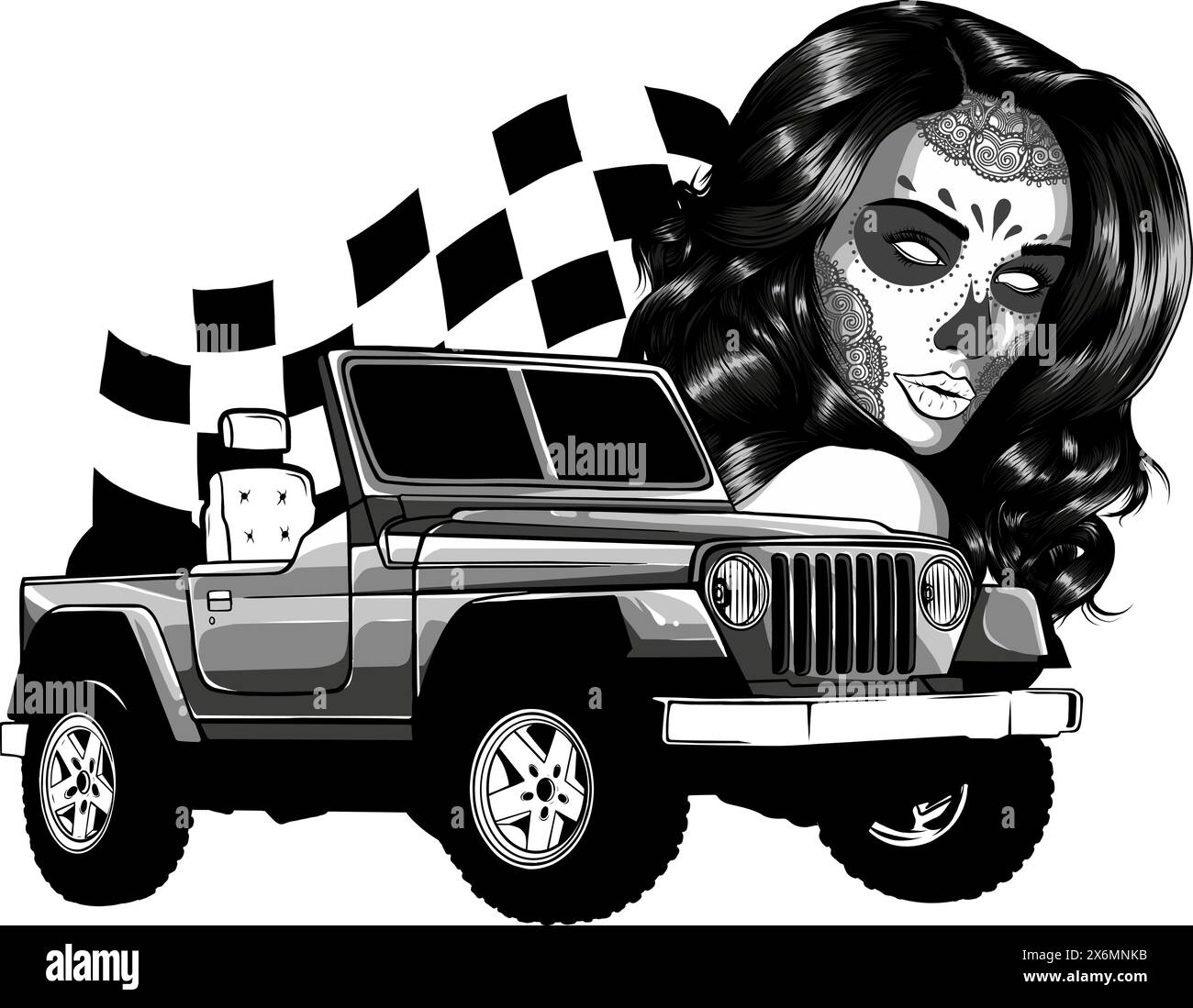 Vector Illustration Of Monochrome Off Road Car With Woman Skull And Race Flag Stock Vector Image