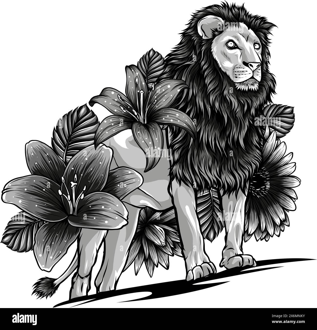 vector illustration of monochrome lion with flower on white background ...