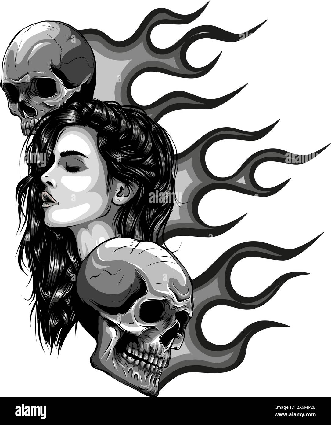 vector illustration of monochrome skulls with woman head on flames ...