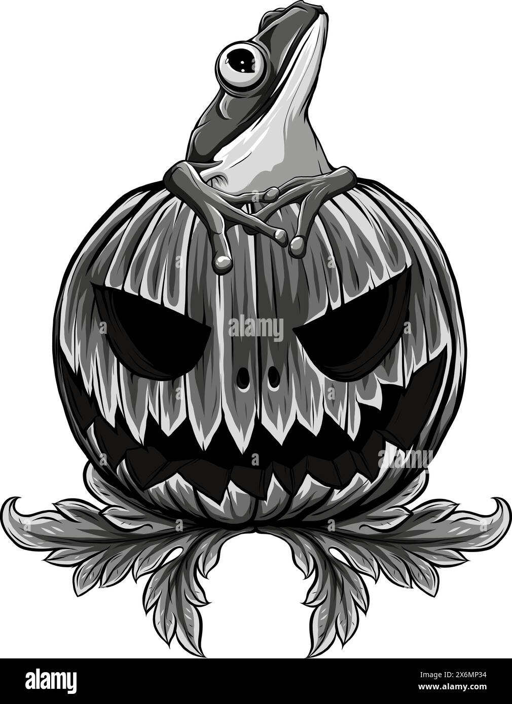 Vector illustration of monochrome Halloween pumpkin with frog sitting ...