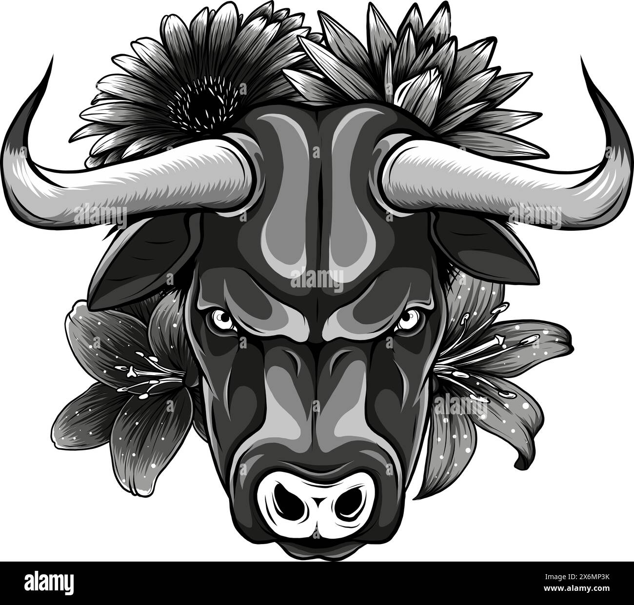 vector illustration of monochrome bull with flower on white background ...