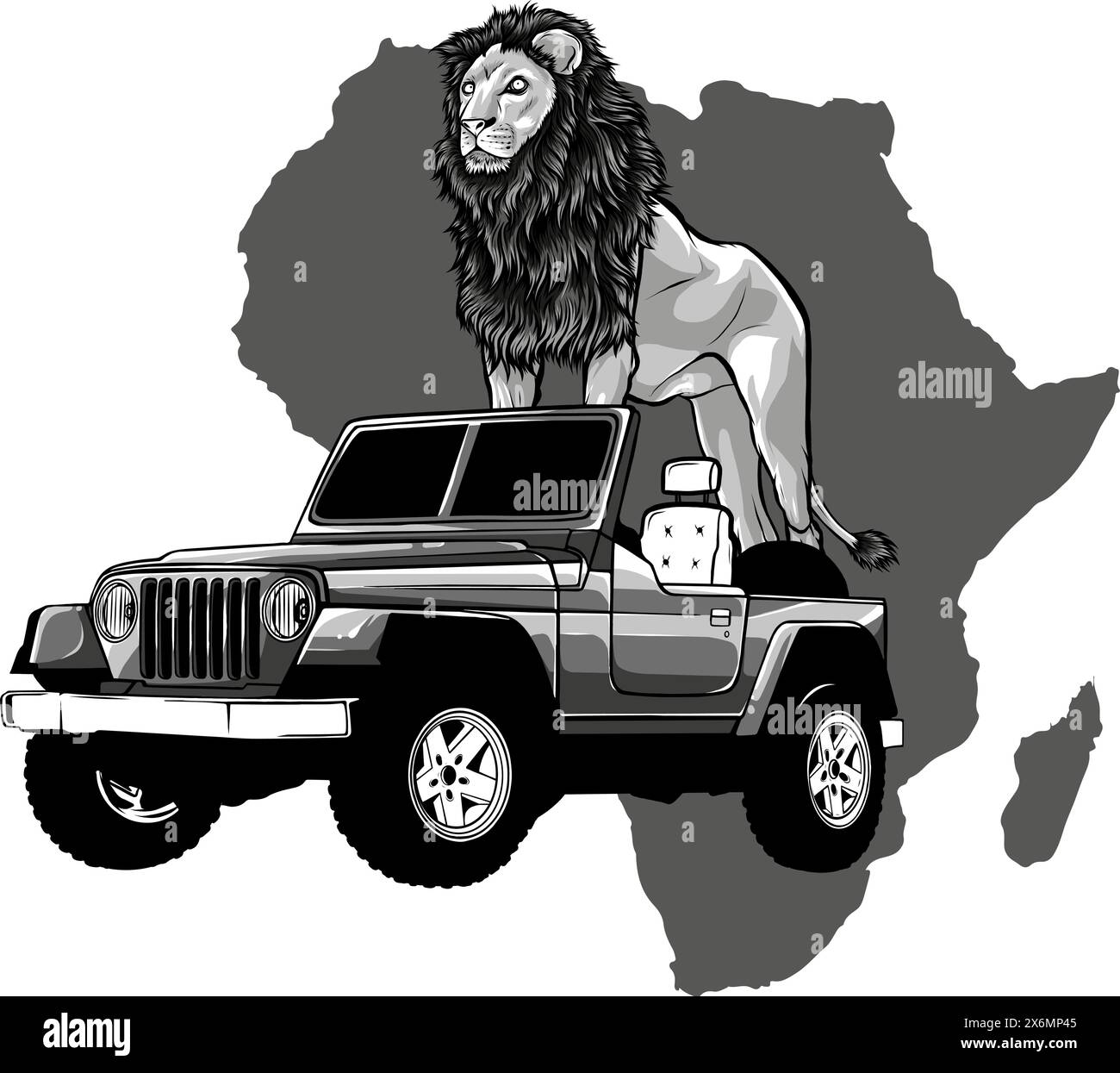 Vector illustration of Africa silhouette with lion and jeep Stock ...