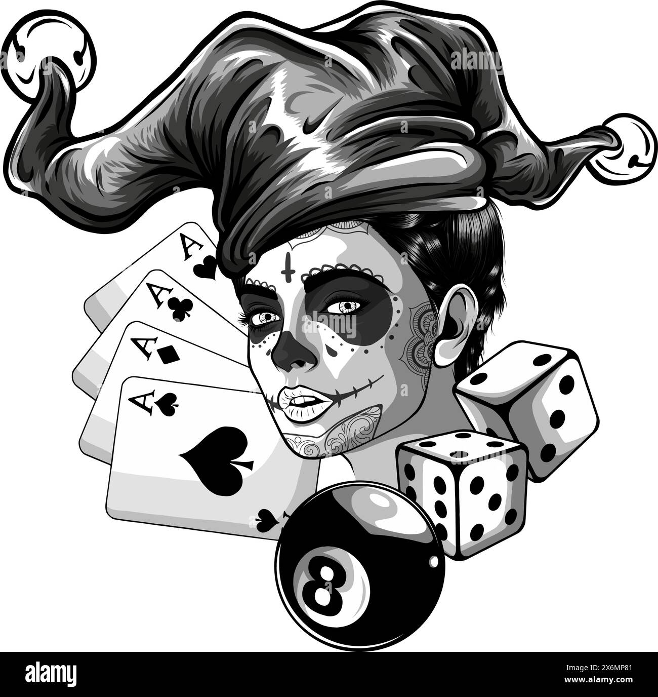 Monochrome woman Joker with card, eight ball and dice. vector ...