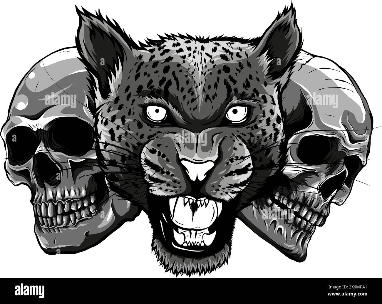Monochrome Leopard face with two human skull. Vector illustration on ...