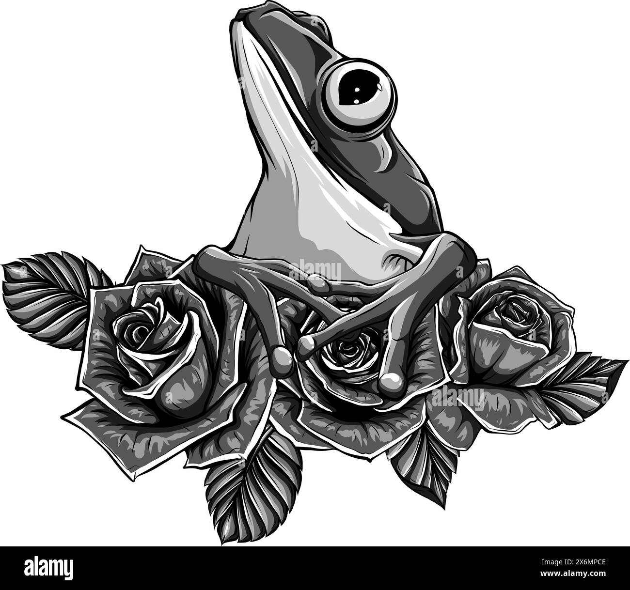 frog with leaves and roses black and white sketch vector illustration ...