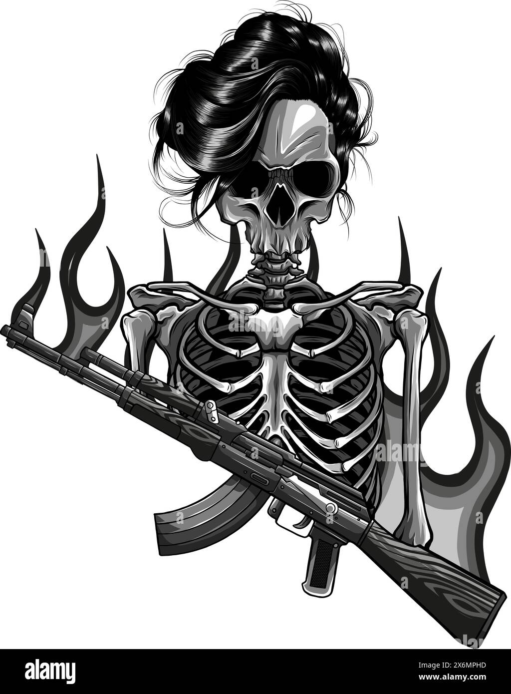 Monochrome military skeleton with flames holding assault rifle. vector ...