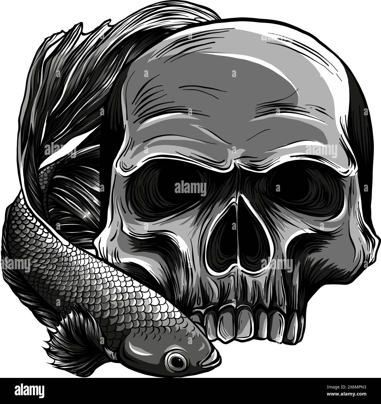 betta fish around human skull. vector illustration on white background ...
