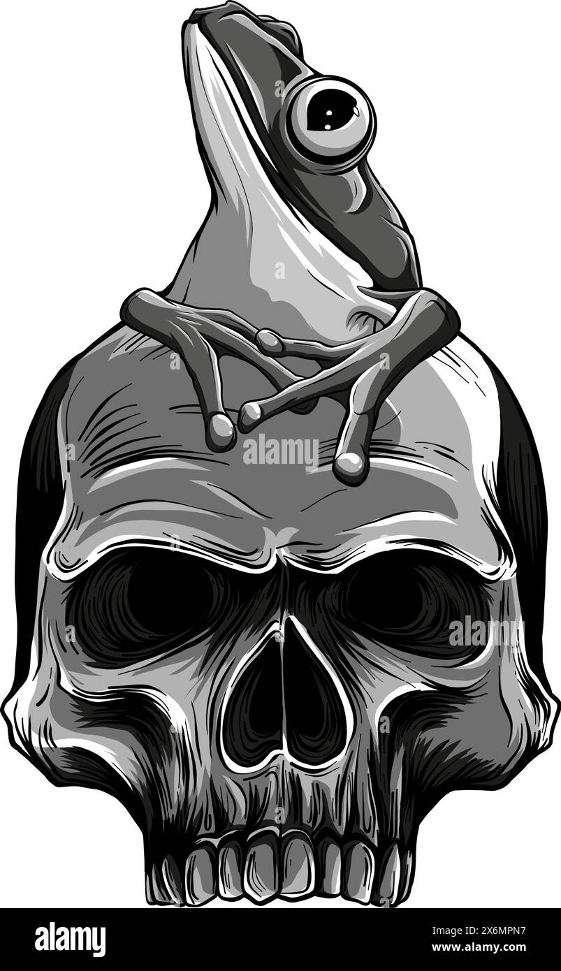 Monochrome Drawing engraving style illustration skull with frog in it ...