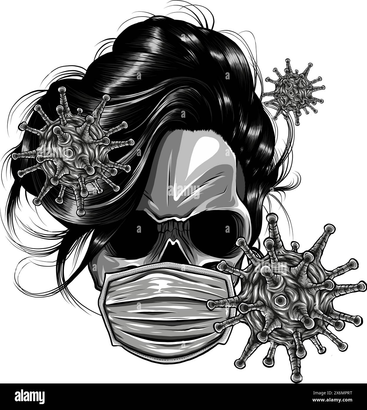 monochrome virus aoround Skull face in medical face mask. Vector ...