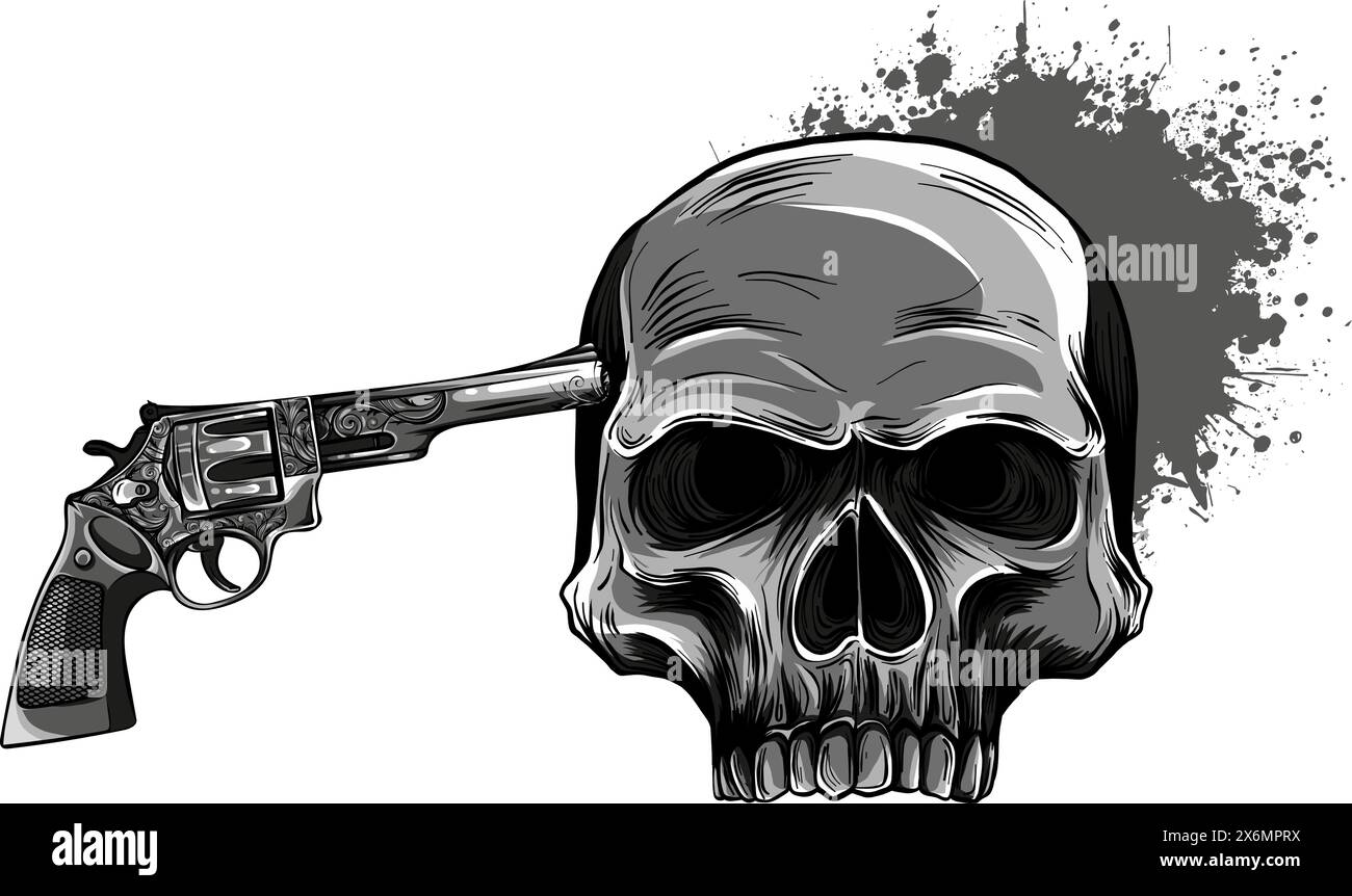 vector illustration of Monochrome skull with revolvers for tattoo ...