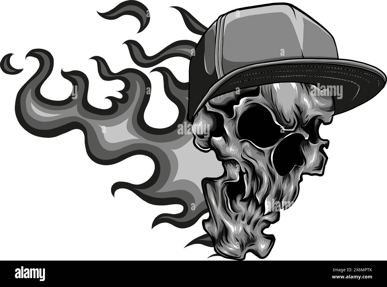 vector illustration of silhouette Angry skull with hat and flames on ...
