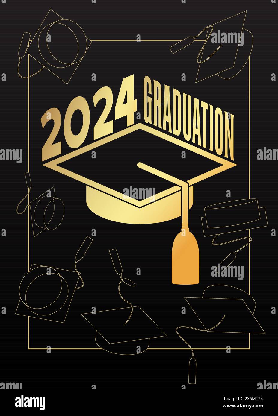 Black and gold class of 2024 Graduation design template. Vintage party ...