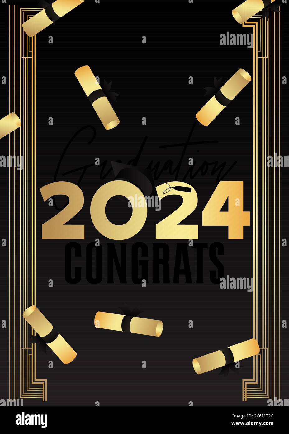 Black and gold class of 2024 Graduation design template. Vintage party ...